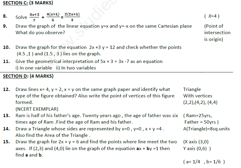 CBSE Class 9 Mathematics Linear Equations In Two Variables Assignment Set A